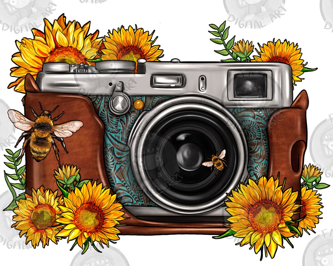 Sunflower Bee Vintage Camera Png Sublimation Design, Western Sunflower ...