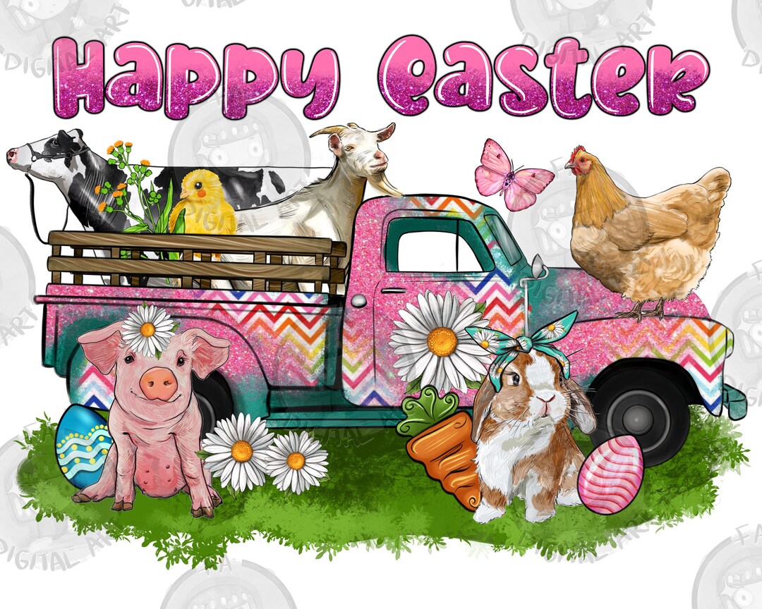 Happy Easter Truck With Easter Farm Animals Sublimation Design Download ...