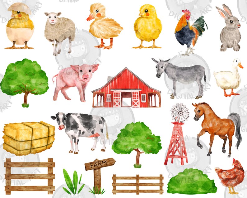 Watercolor Farm Life Clipart Png Bundle for - Etsy
