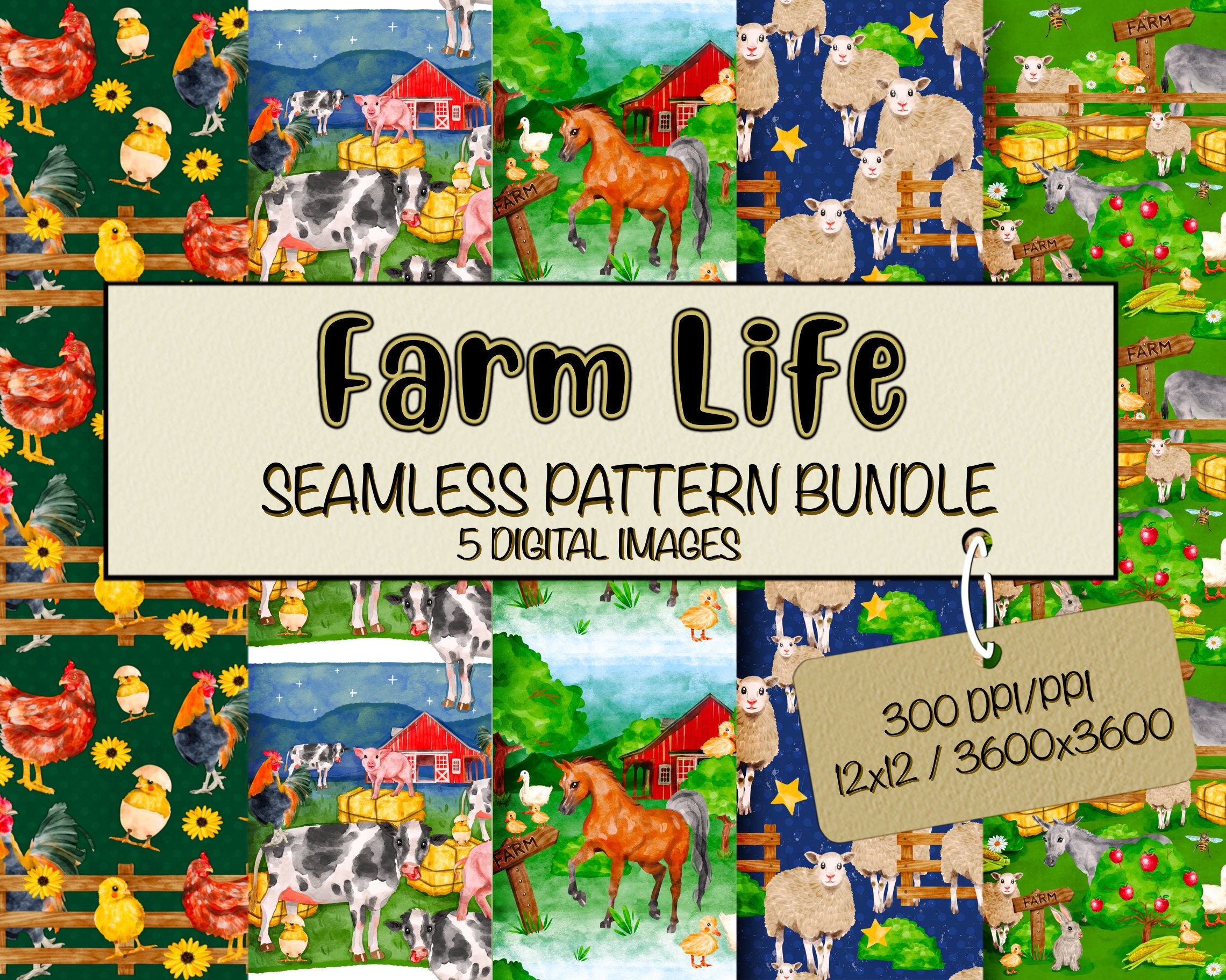 Watercolor Farm Life Seamless Pattern Design Bundle - Etsy