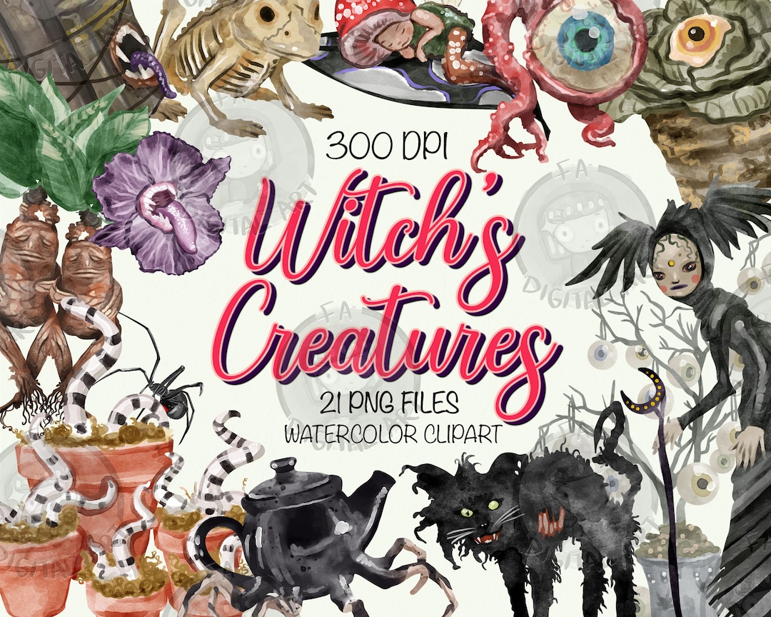 Witch Creatures Png Bundle for Creators,watercolor Halloween Clipart ...