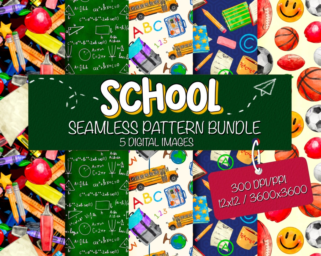 Watercolor School Seamless Pattern Design Bundle, Watercolor School ...