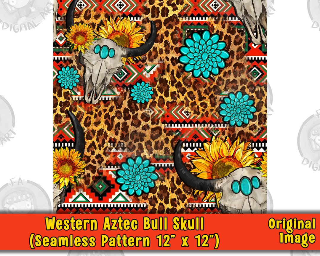 Western Aztec Bull Skull and Gemstone Seamless Pattern Png,western ...