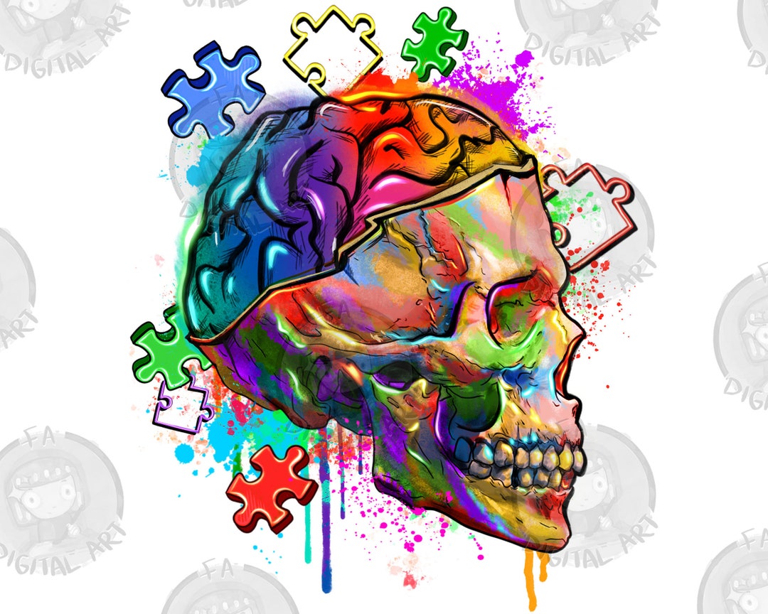 Skull With Colorful Brain Autism Png Sublimation Design Download ...