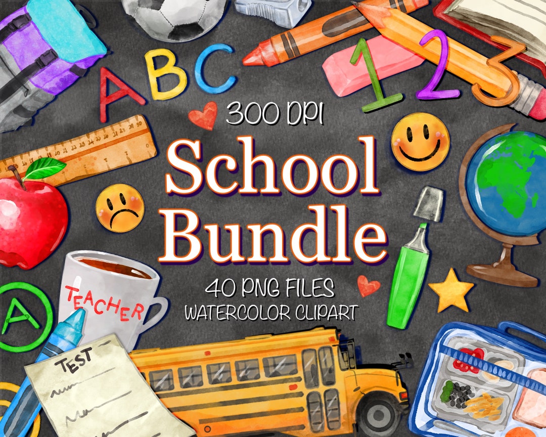School Png Bundle for Creators, Watercolor School Clipart, Watercolor ...