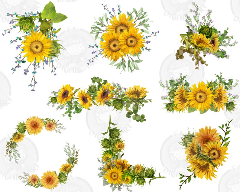 Watercolor Sunflowers Bouquet Png Clipart Bundle for Creators - Etsy