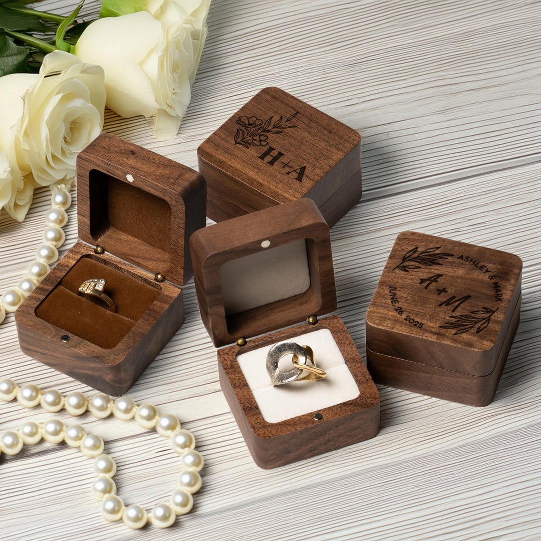 Personalized Walnut Wood Wedding Ring Box: Engraved Proposal Holder - Etsy