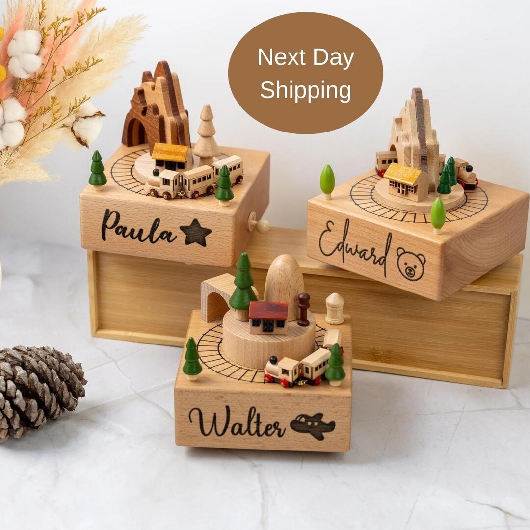 Engraved Wooden Music Box, Musical Keepsake, Train Scenery ...