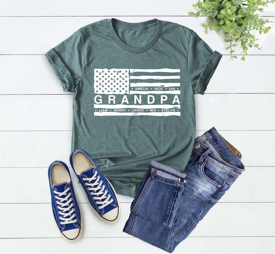 Personalized Grandpa T-shirt, Flag and Grandkids Names, T-shirt for ...