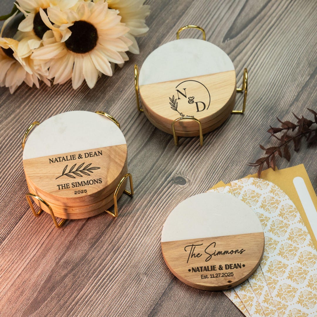 Personalized Marble and Wood Coaster Set, Custom Engraved Wedding Gift ...