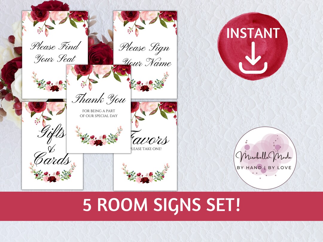 5 Room Signs Set, Burgundy and Blush Wedding Signs, Printable Wedding ...