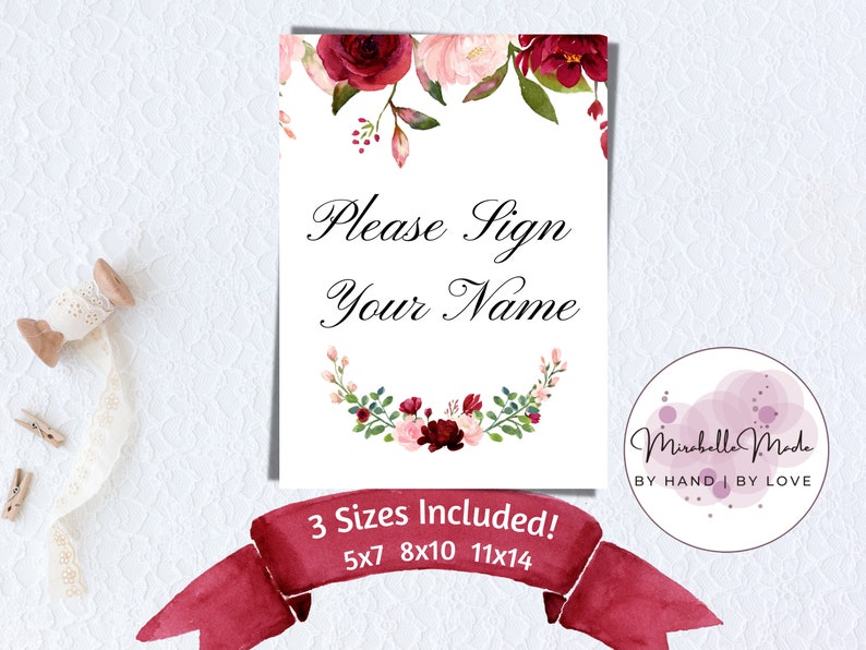 Please Sign Your Name Sign, Burgundy and Blush Wedding Sign, Guest Book ...