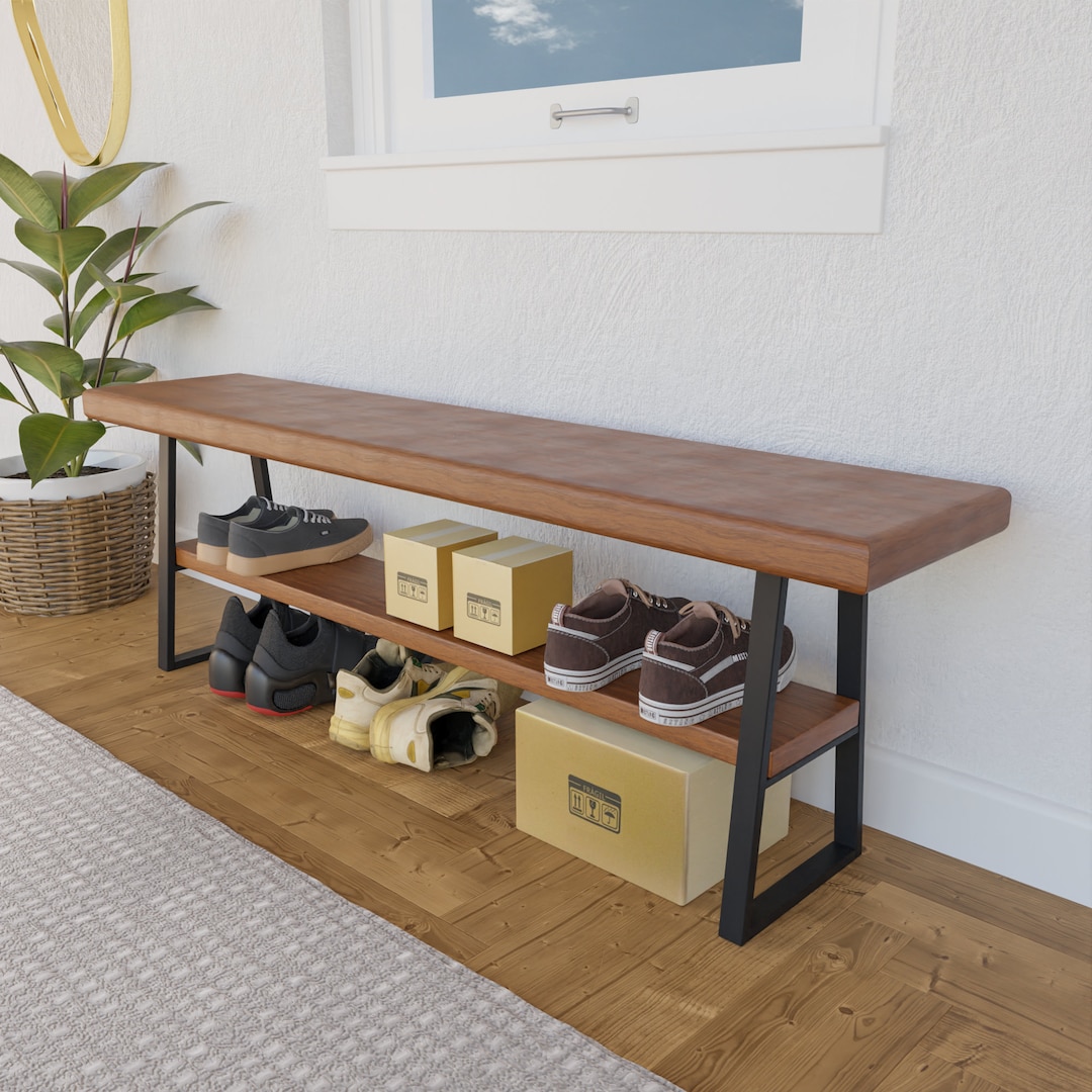 Walnut Shoe Rack Bench, Mid Century Modern Entryway Bench, Wooden Shoe ...