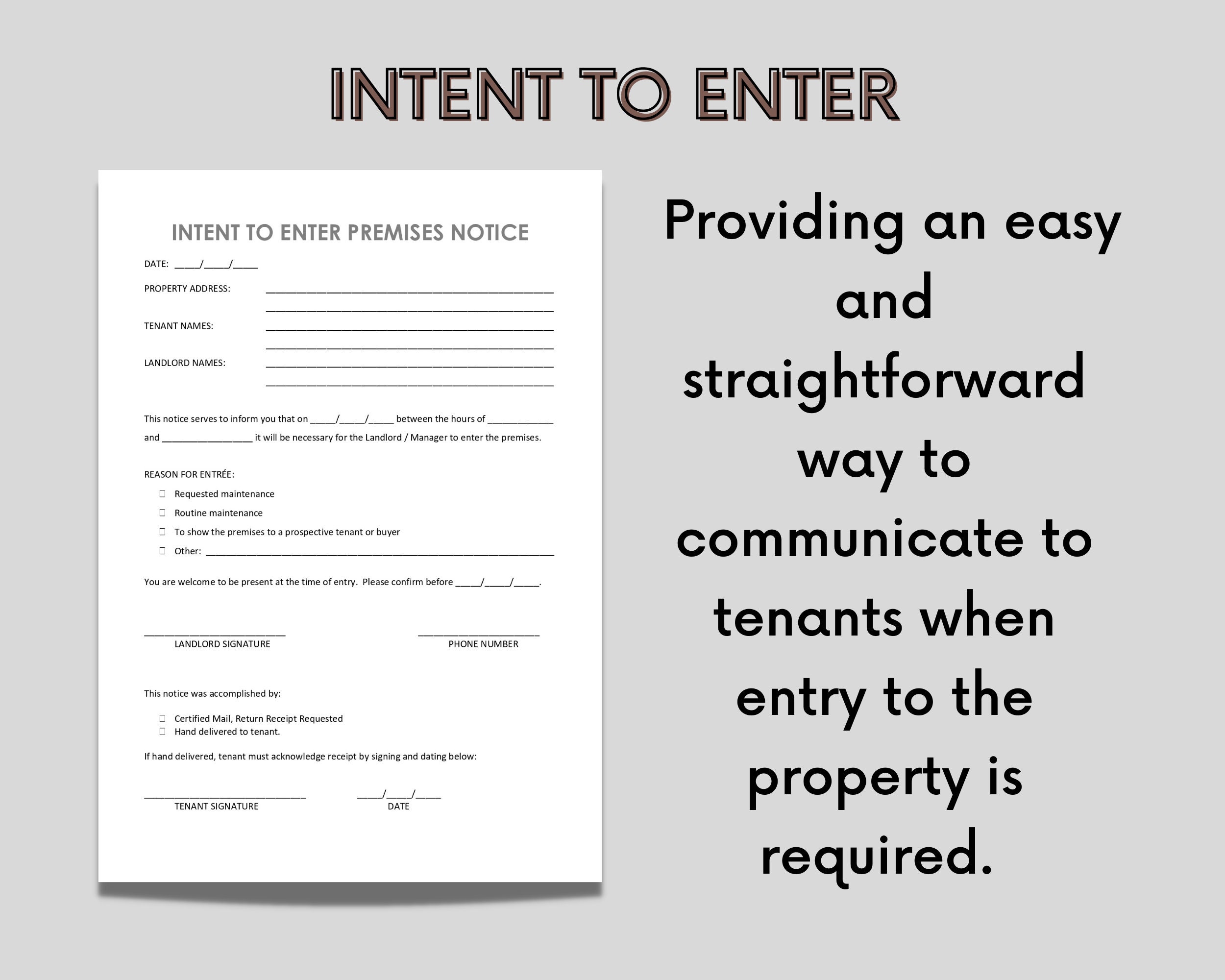 Landlord Notice to Enter Premises to Tenant | Intent to Enter Notice ...