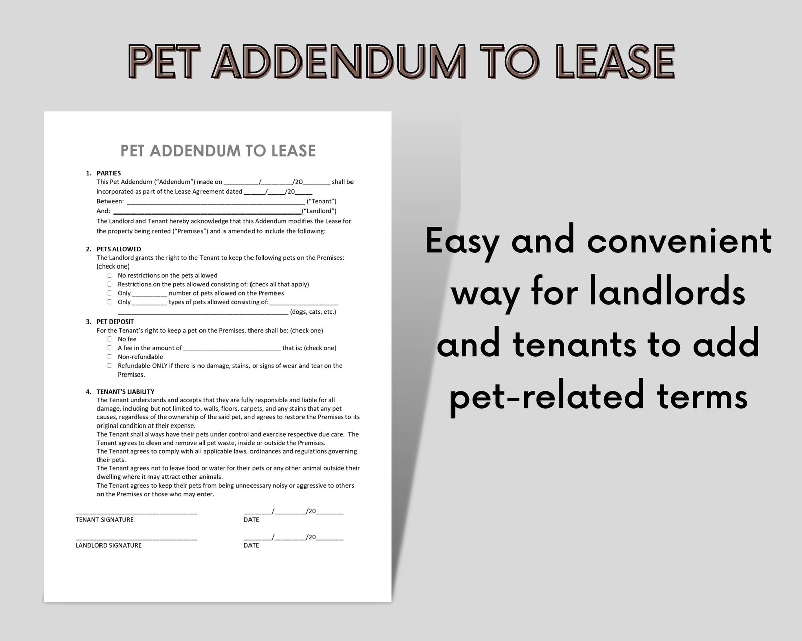 Pet Addendum to Lease Agreement | Editable, Printable MS Word Template ...