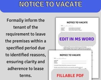 Landlord Notice to Vacate to Tenant Eviction Notice Editable MS Word Template Printable Instant ...