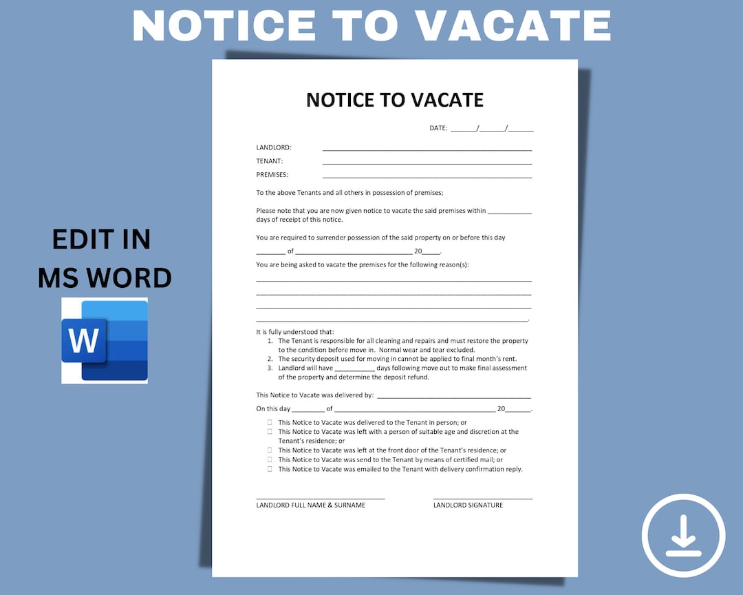 Landlord Notice to Vacate to Tenant | Eviction Notice | Editable MS ...