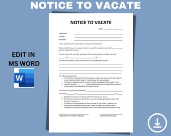 Landlord Notice to Vacate to Tenant | Eviction Notice | Editable MS Word Template | Printable ...