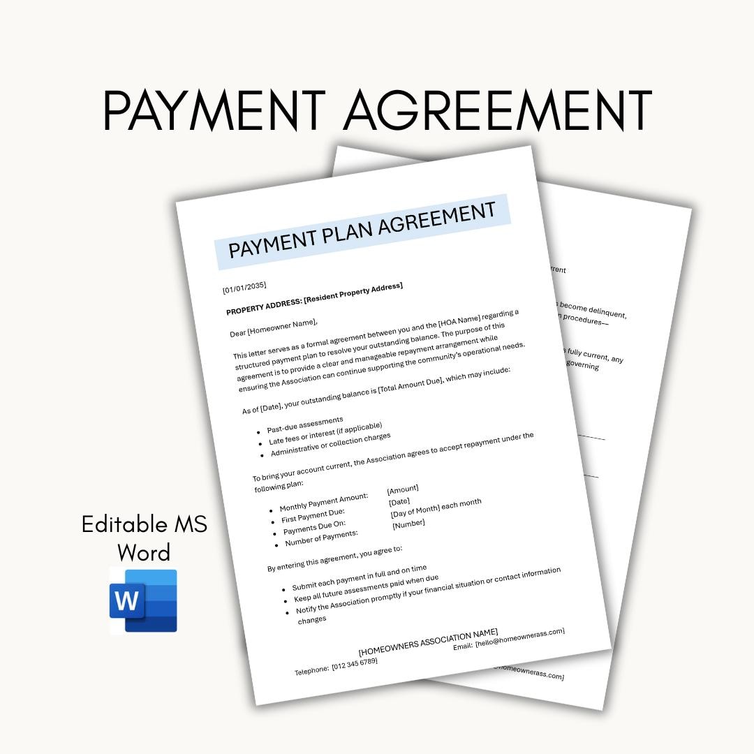 HOA Fee Payment Plan Agreement Letter Template - MS Word Editable ...