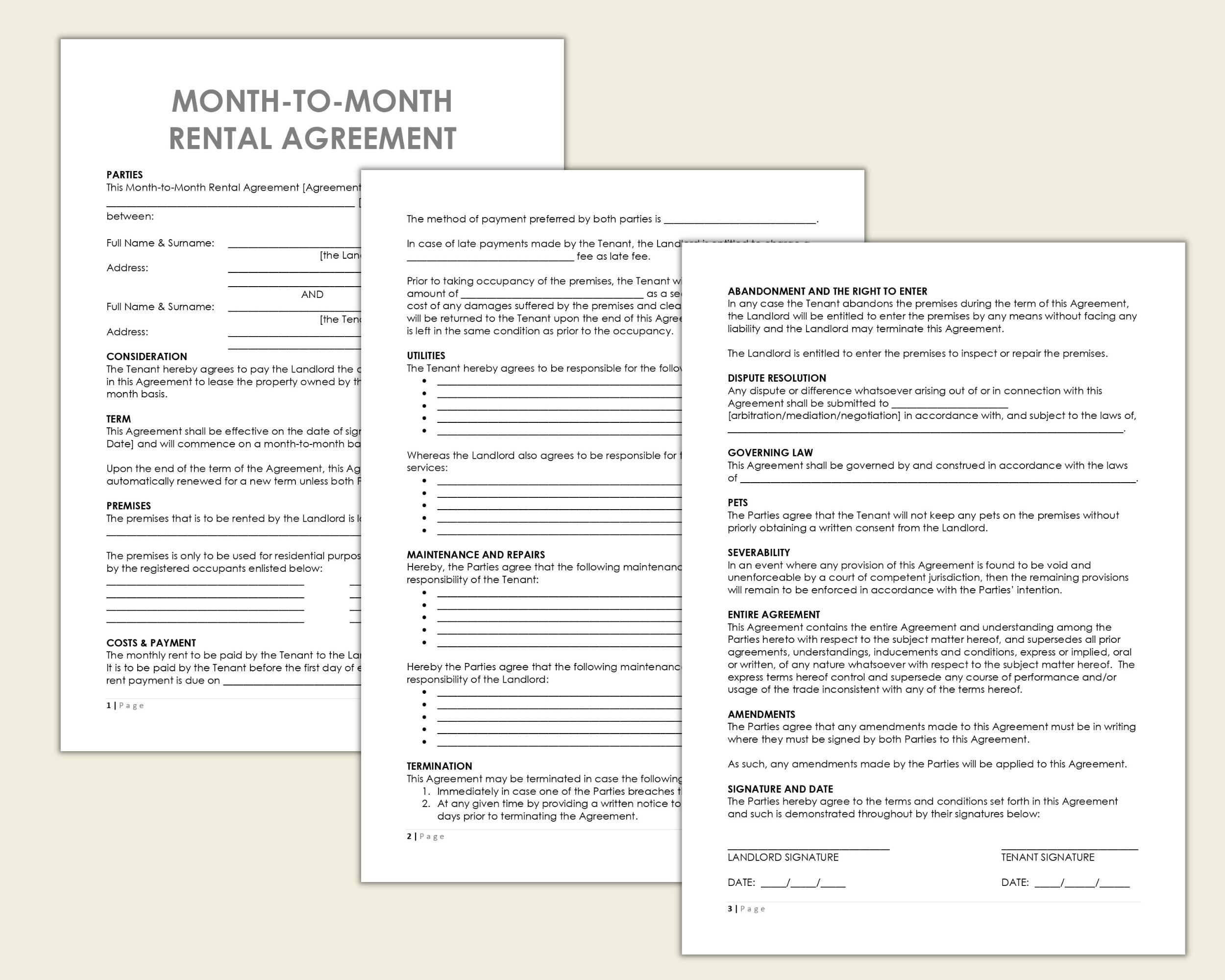 Month-to-month Rental Agreement Monthly Lease Agreement Rent Room ...