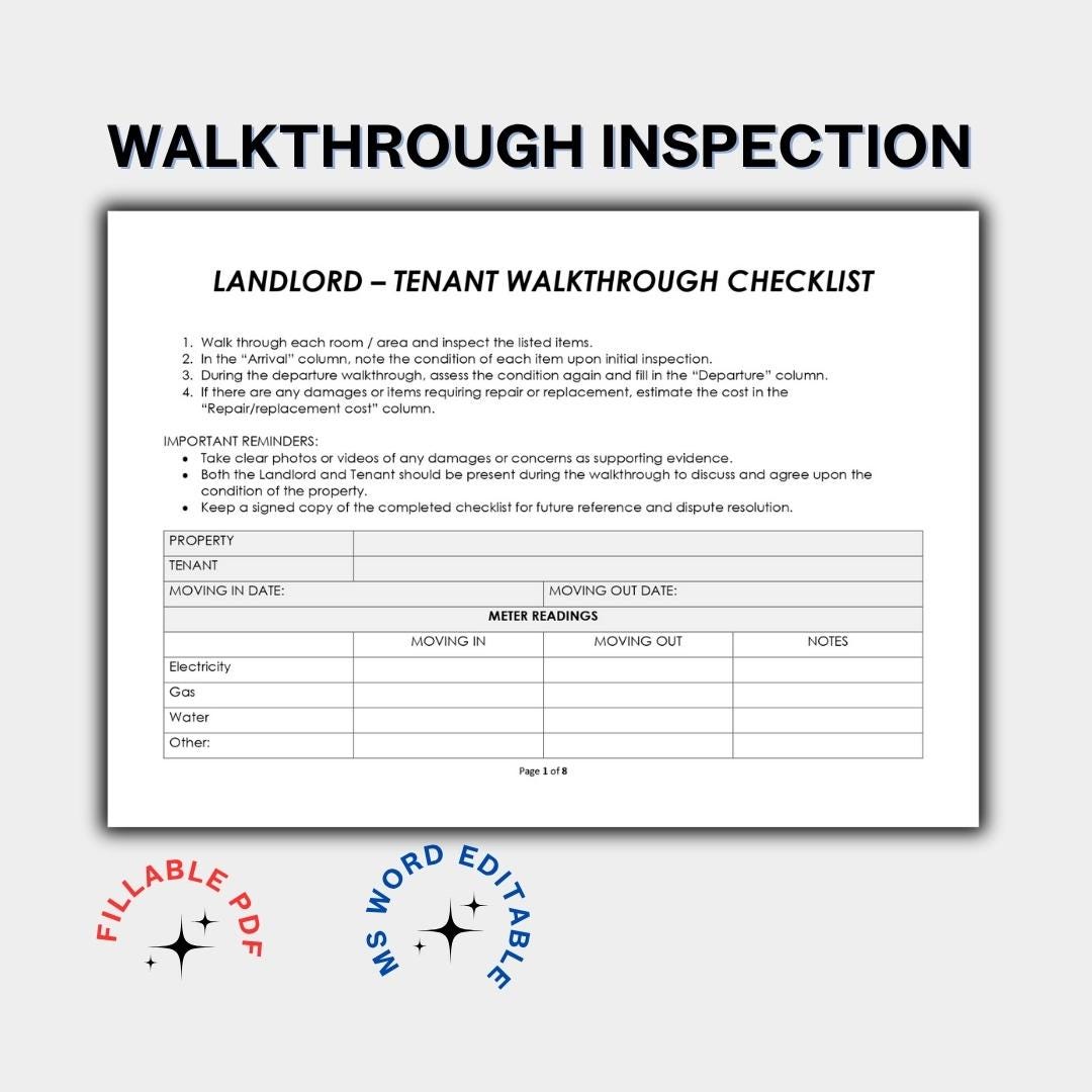 Landlord and Tenant Walkthrough Inspection Checklist - Editable MS Word ...