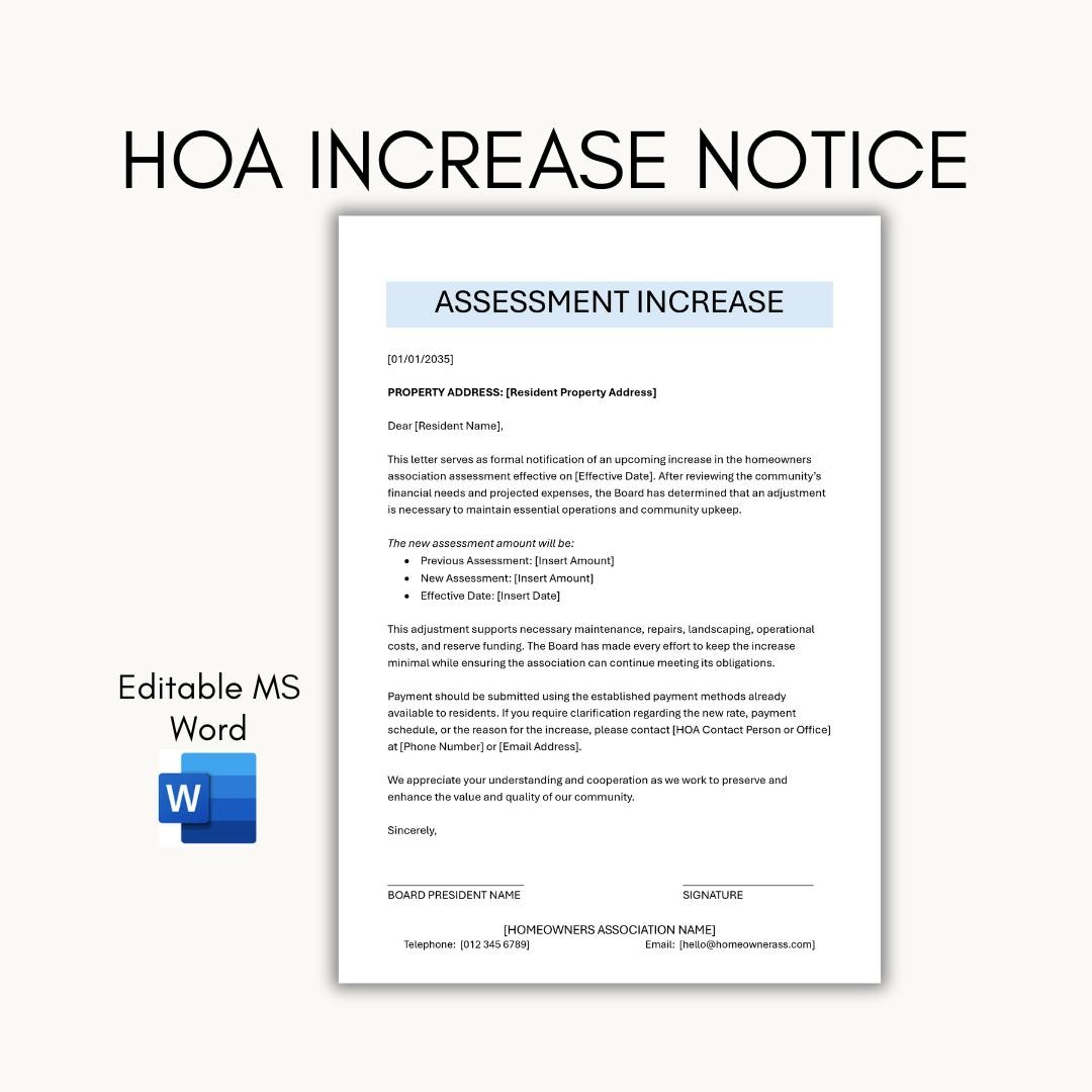 HOA Assessment Increase Notice Template to Residents - MS Word Editable ...