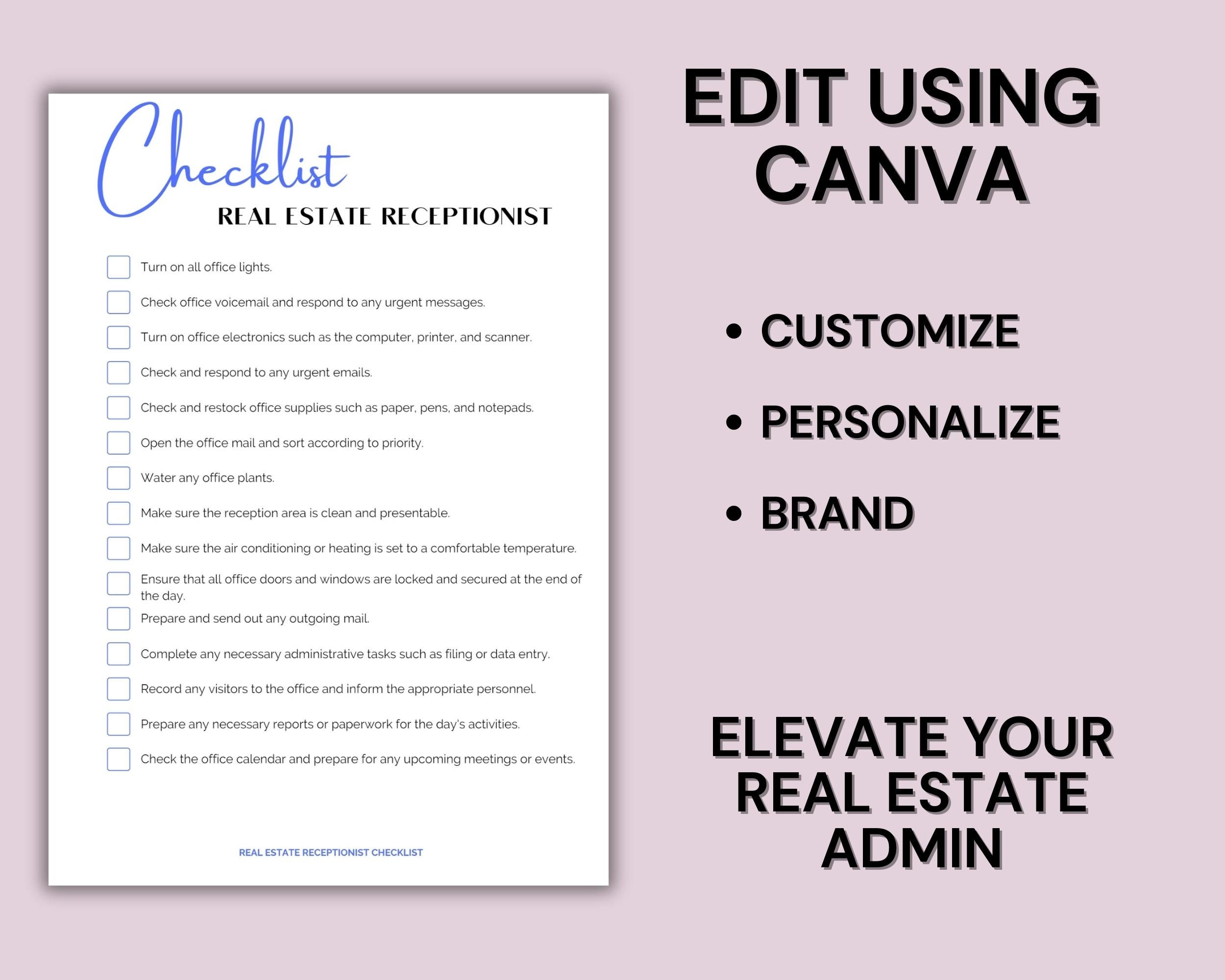 Receptionist Daily Task Checklist - Real Estate Admin Editable Canva ...