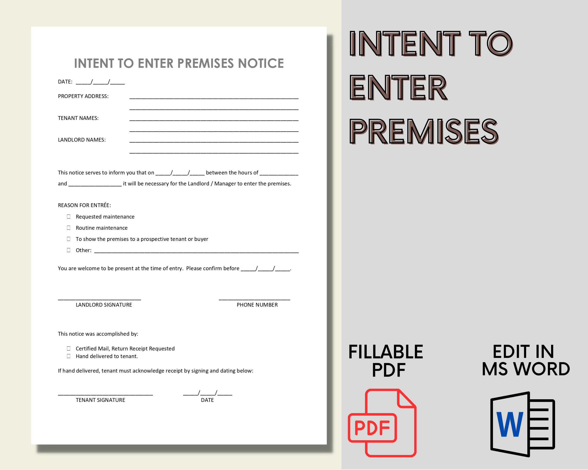 Landlord Notice to Enter Premises to Tenant | Intent to Enter Notice ...