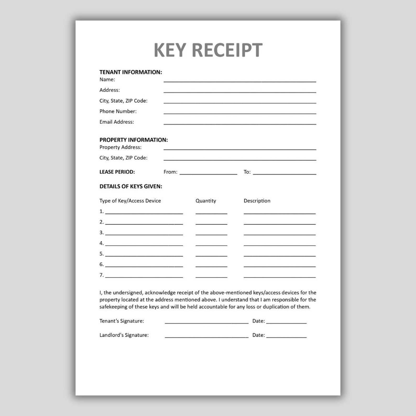 Editable Key Receipt Template – Landlord to Tenant Form - Etsy Canada