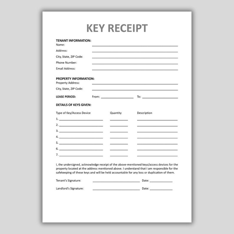 Editable Key Receipt Template – Landlord to Tenant Form - Etsy