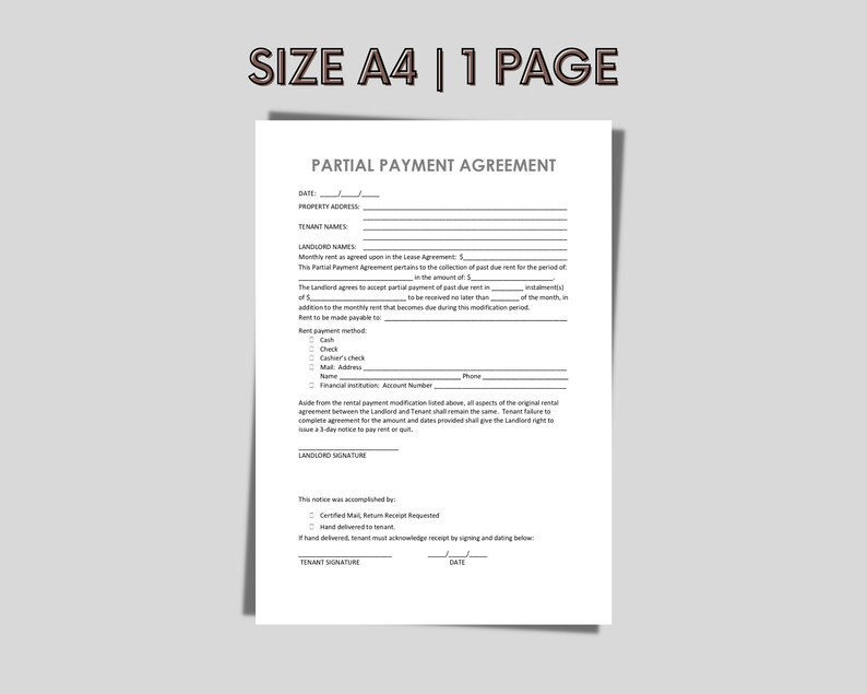 Partial Rent Payment Agreement Between Landlord & Tenant - MS Word Editable Contract Template - Etsy
