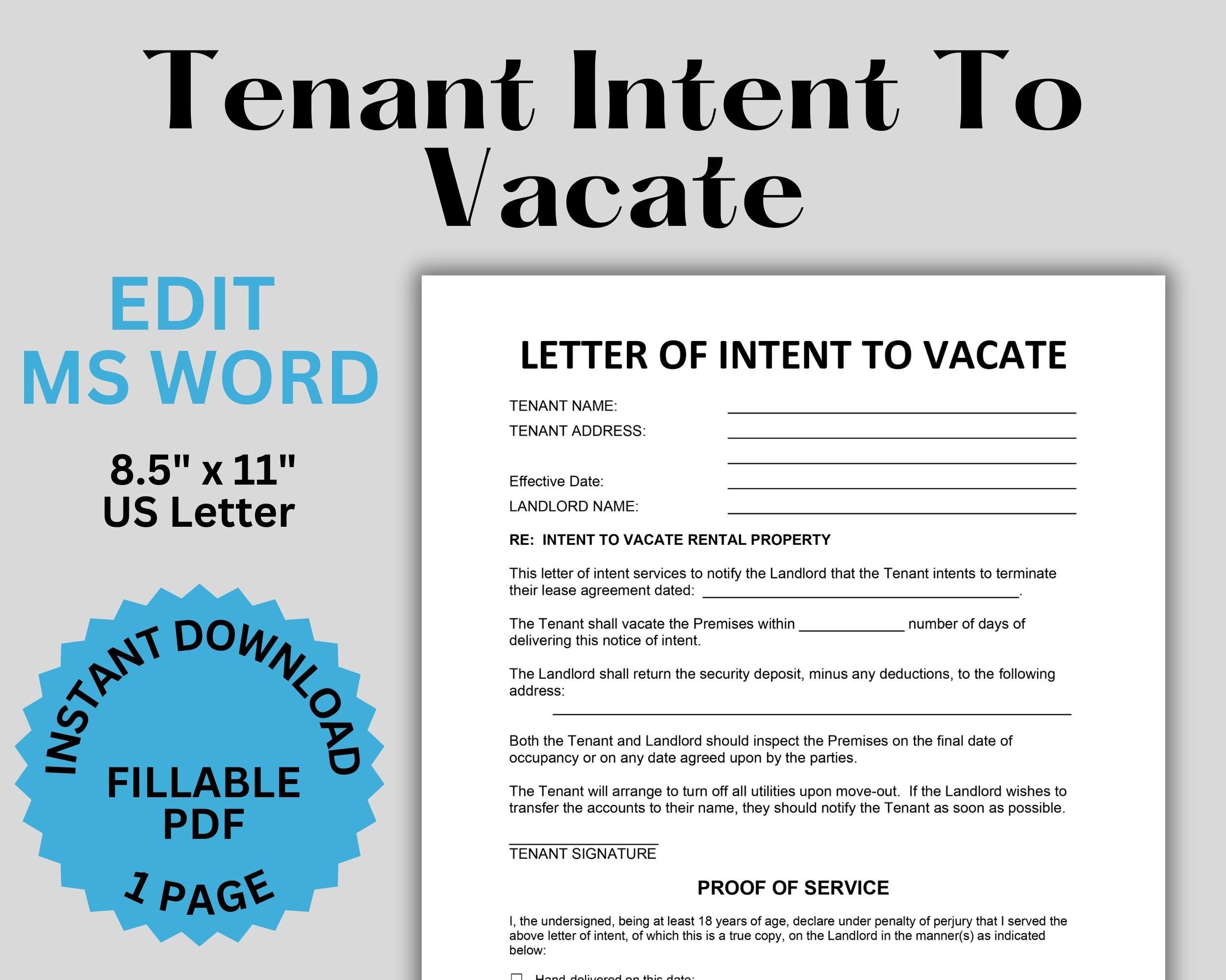 Tenant Intent to Vacate Notice Letter - Fillable PDF & Editable MS Word Template - Etsy