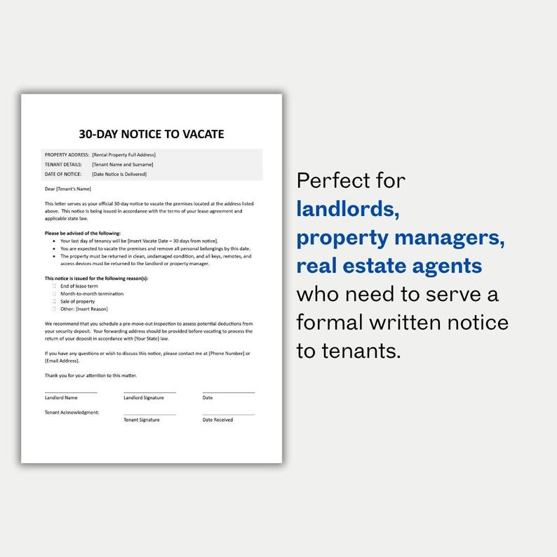 30-day Notice to Vacate – MS Word Editable Landlord Template - Etsy