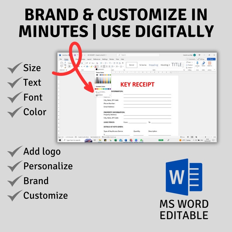 Editable Key Receipt Template – Landlord to Tenant Form - Etsy