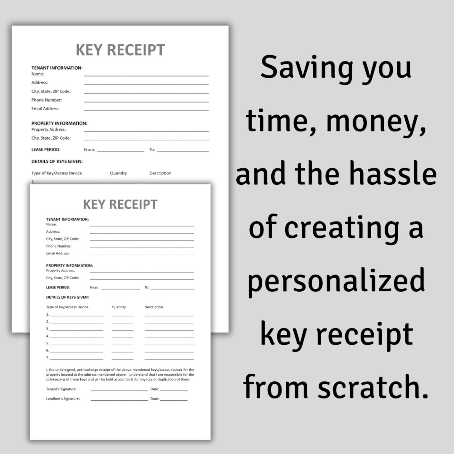 Editable Key Receipt Template – Landlord to Tenant Form - Etsy