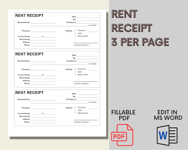 Rent Payment Receipt | MS Word Editable Template - Etsy