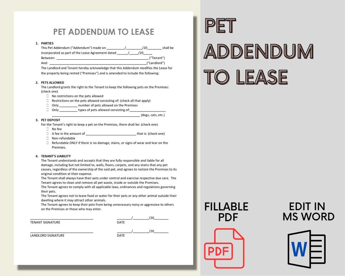 Pet Addendum to Lease Agreement | Editable, Printable MS Word Template ...