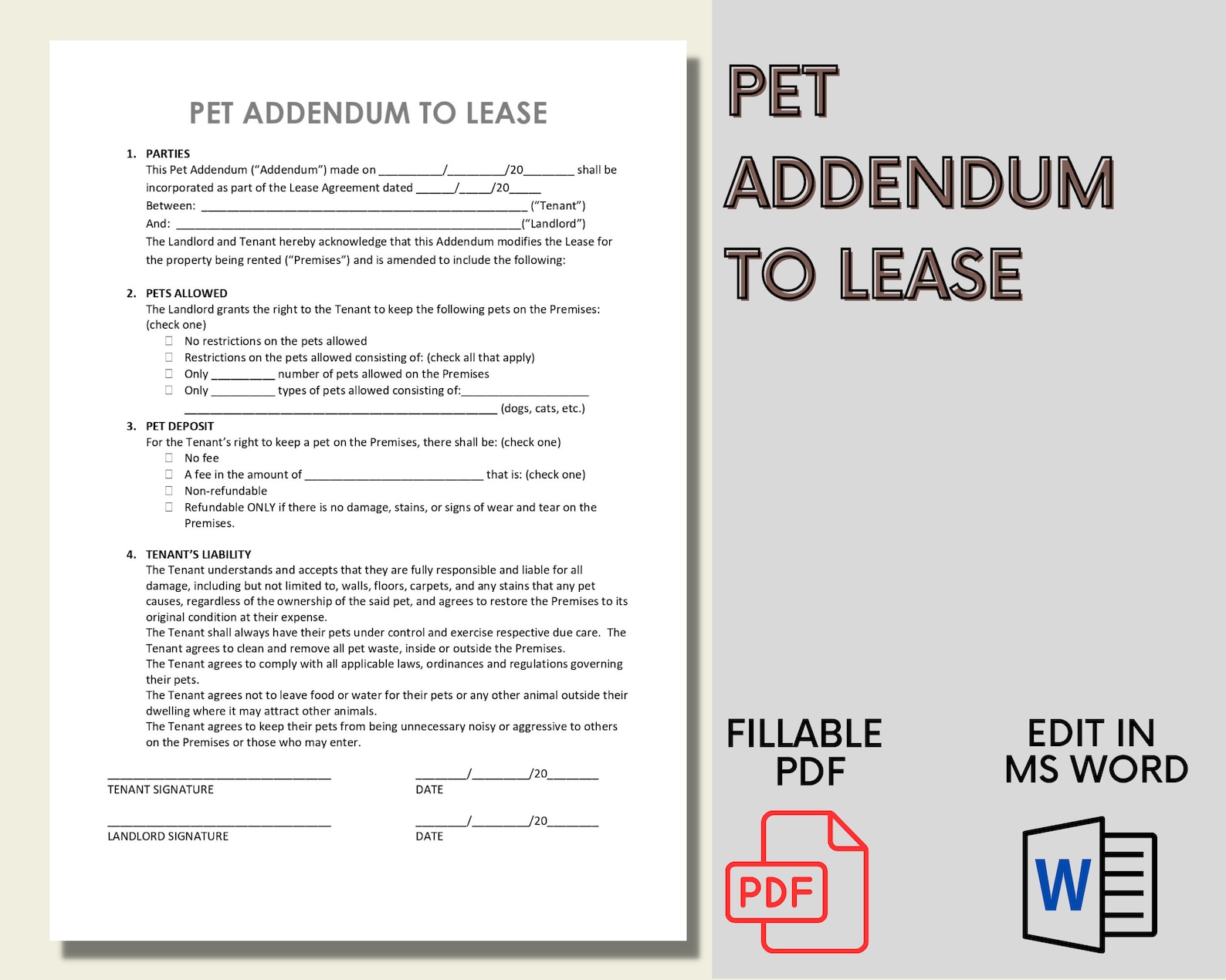Pet Addendum to Lease Agreement | Editable, Printable MS Word Template ...