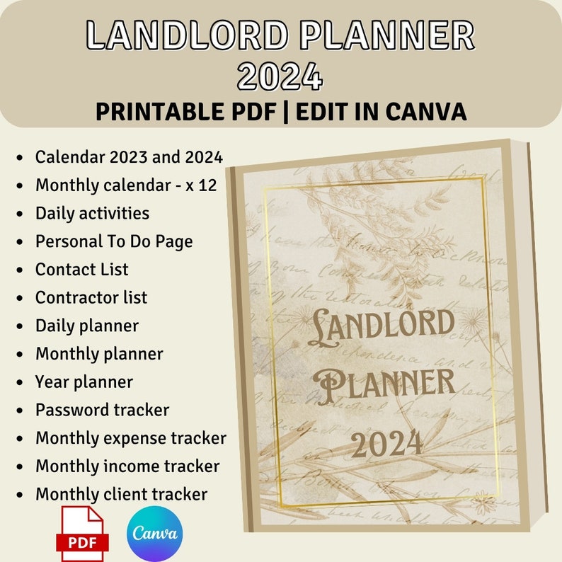 Landlord Planner 2024 Edit in Canva Calendar 2023 2024 - Etsy