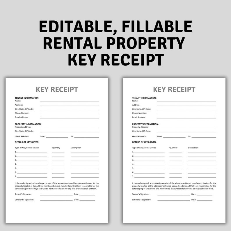 Editable Key Receipt Template – Landlord to Tenant Form - Etsy