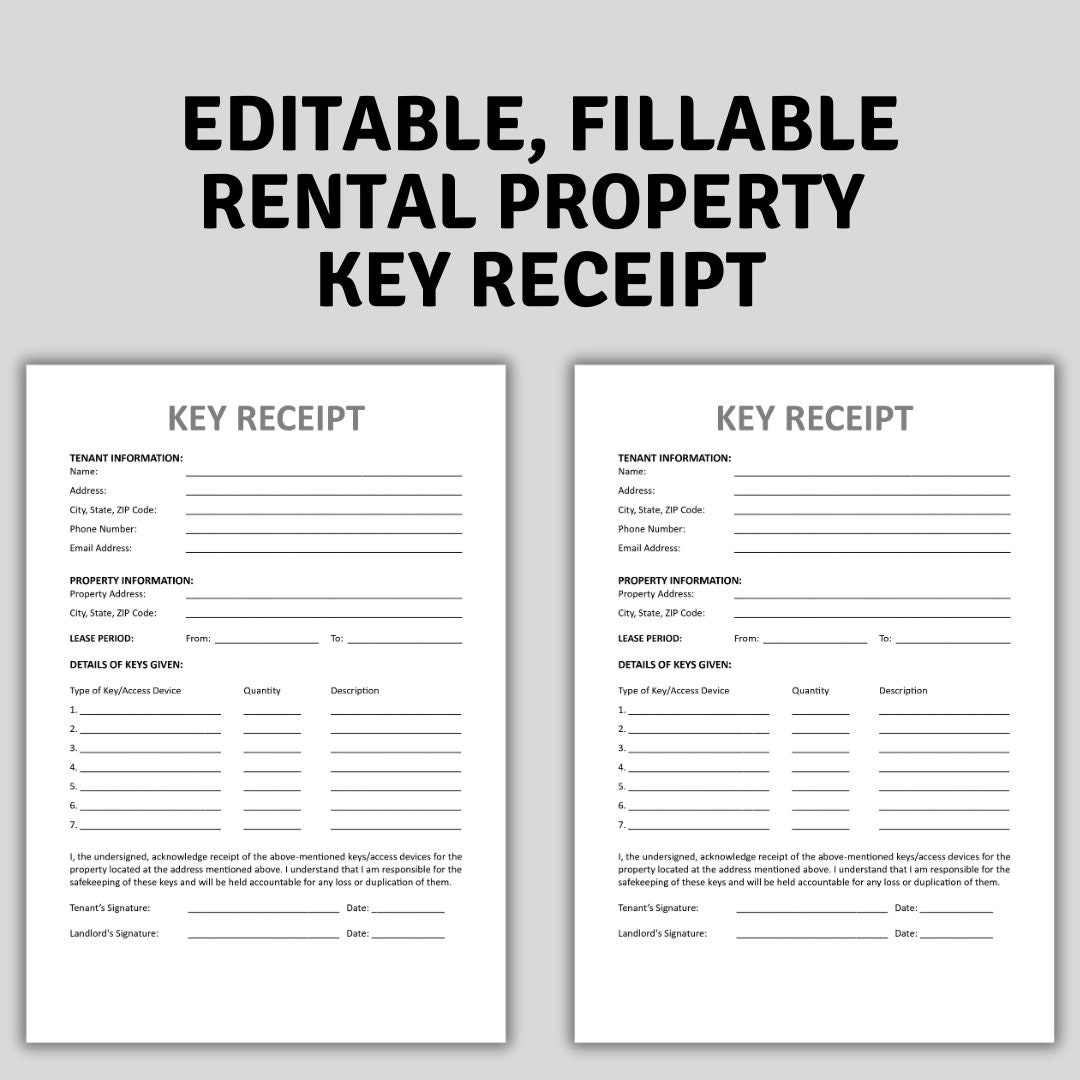 Editable Key Receipt Template – Landlord to Tenant Form - Etsy