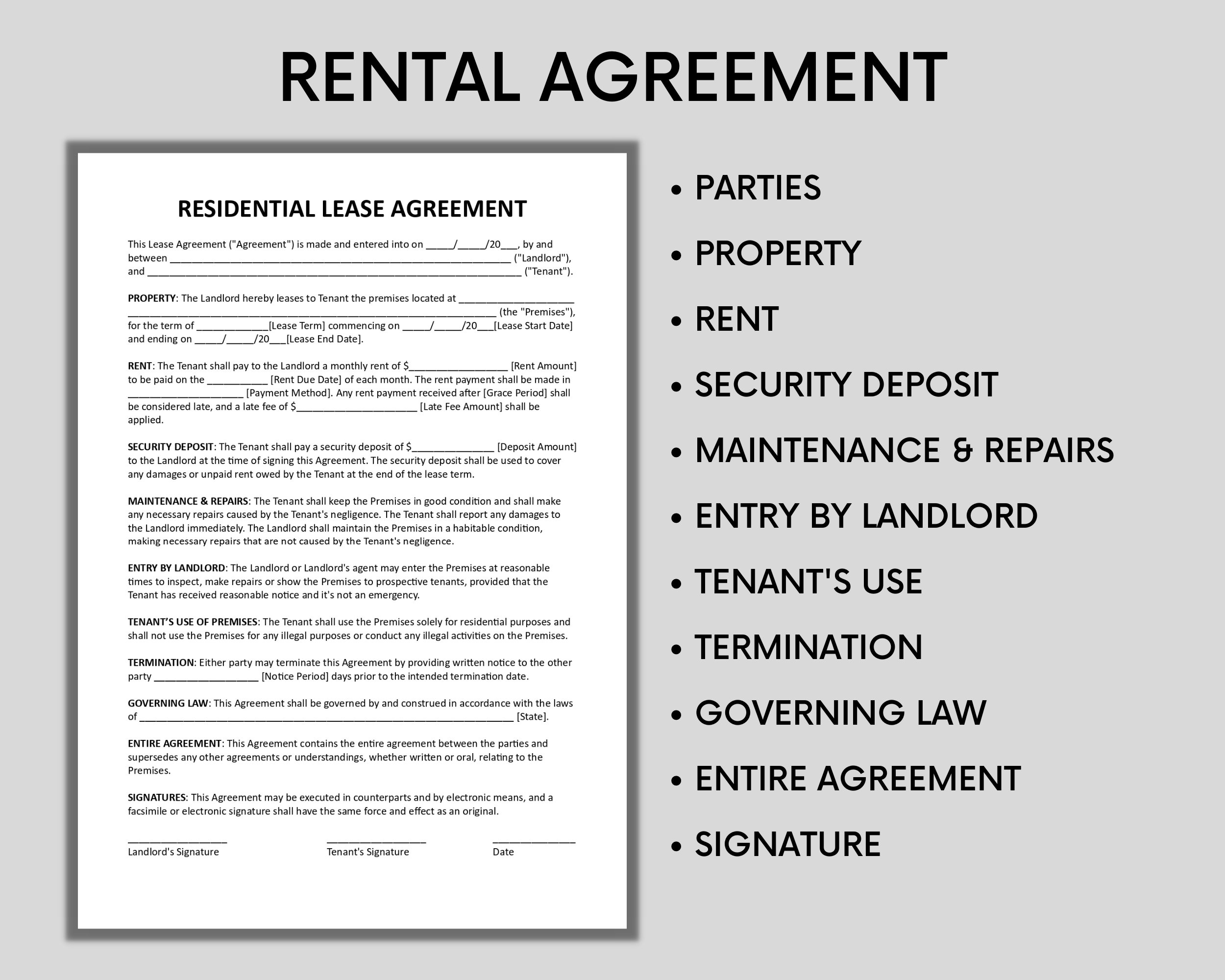 Standard Landlord Tenant Lease Agreement Residential Rental Agreement ...