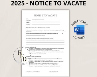 Landlord Notice to Vacate to Tenant | Eviction Notice | Editable MS Word Template | Printable ...