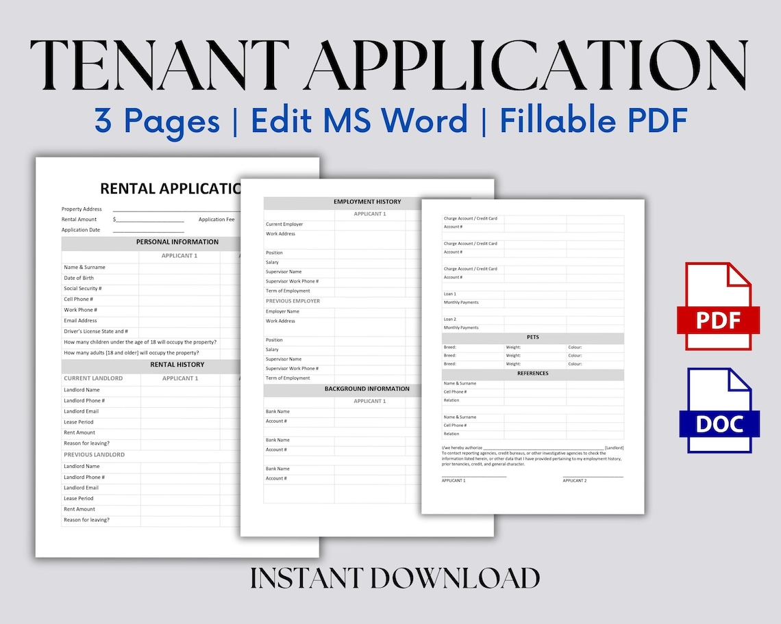 Tenant Rental Application | Fillable Lease Application | Editable ...