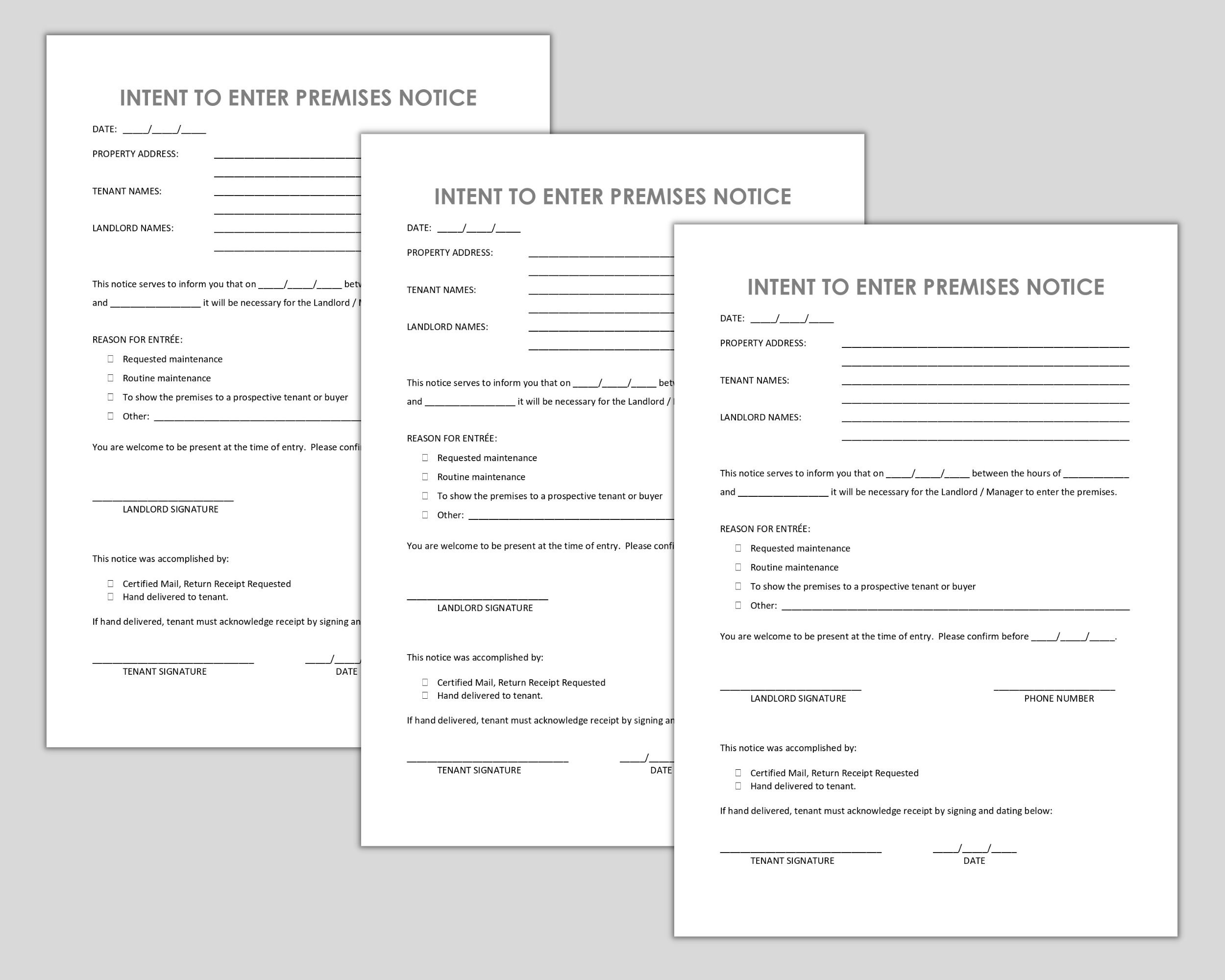 Landlord Notice to Enter Premises to Tenant | Intent to Enter Notice ...