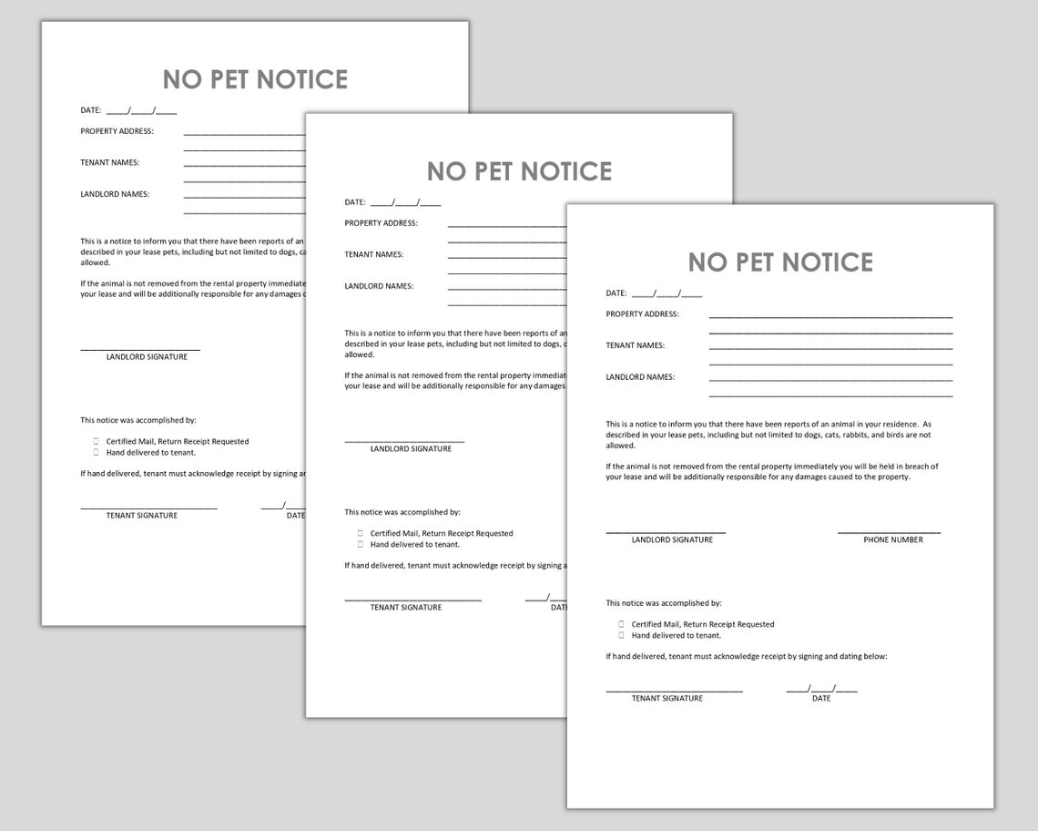 No Pet Notice Landlord No Pet Notice to Tenant Property Management ...