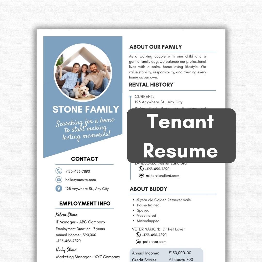 Rental Resume Template - 1 Page Canva Editable Tenant Application CV - Etsy