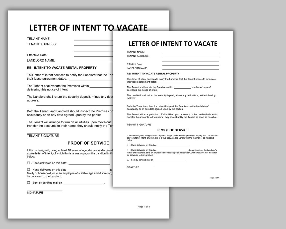 Tenant Intent to Vacate Notice Letter - Fillable PDF & Editable MS Word ...
