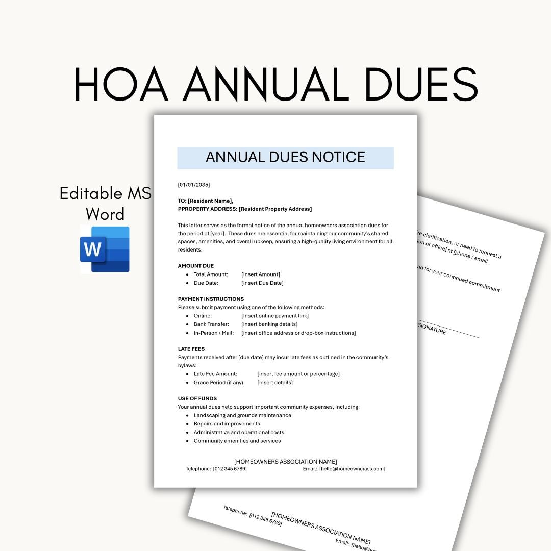 HOA Annual Dues Notice Letter to Residents, MS Word Editable Homeowners ...