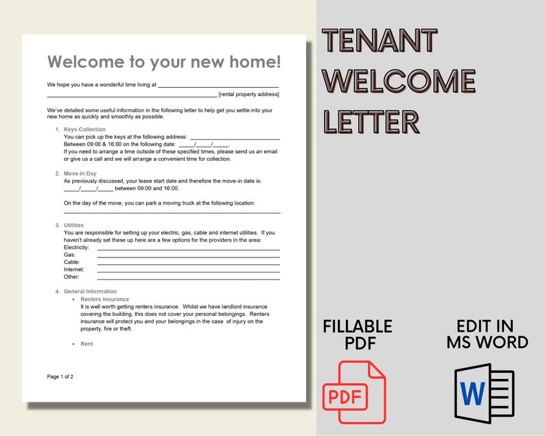 Real Estate Tenant Welcome Letter - MS Word Editable Template - Etsy
